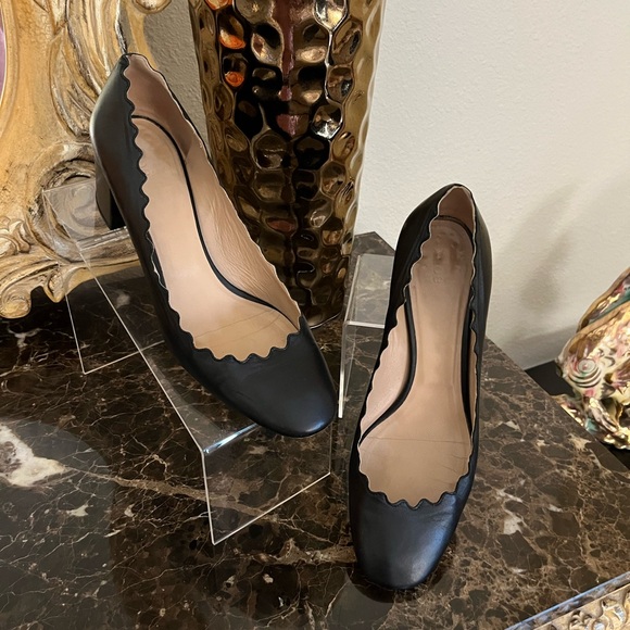 Chloe | Shoes | Chloe Lauren Black Leather Scalloped Slip On Block Heel ...